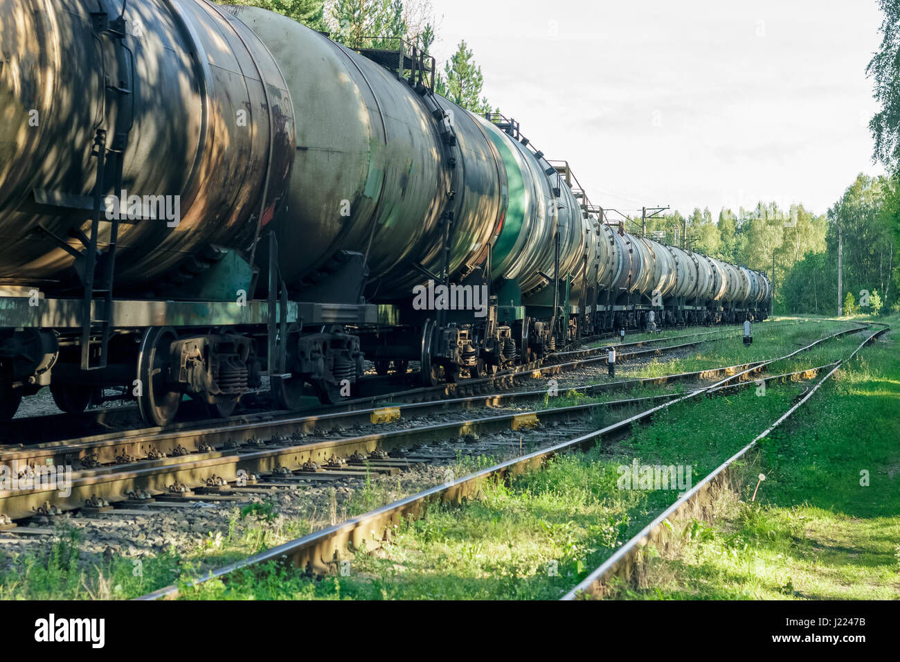 Tank wagons with oil. Freight train in forest Stock Photo - Alamy