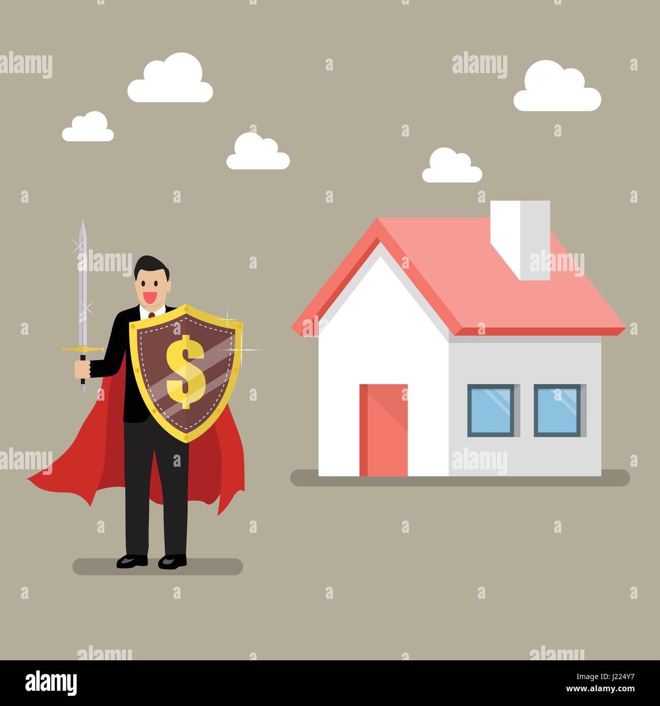 Businessman protecting house with shield and sword. Business concept ...