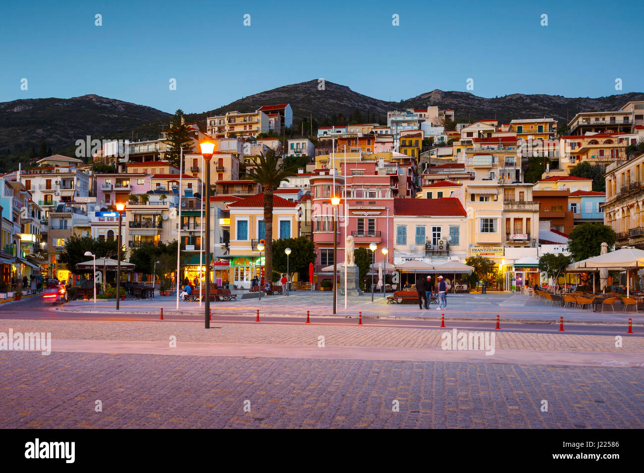 Buildings at the seafront of Vathy town on Samos island, Greece Stock ...