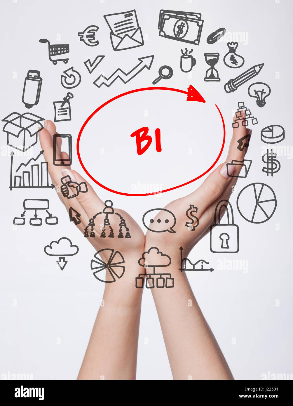 Technology, internet, business and marketing. Young business woman writing word:BI Stock Photo ...