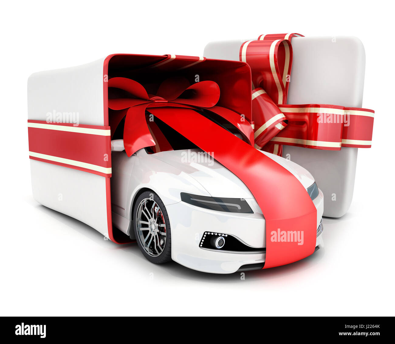 Car in box and ribbon gift on white background. 3d illustration Stock ...