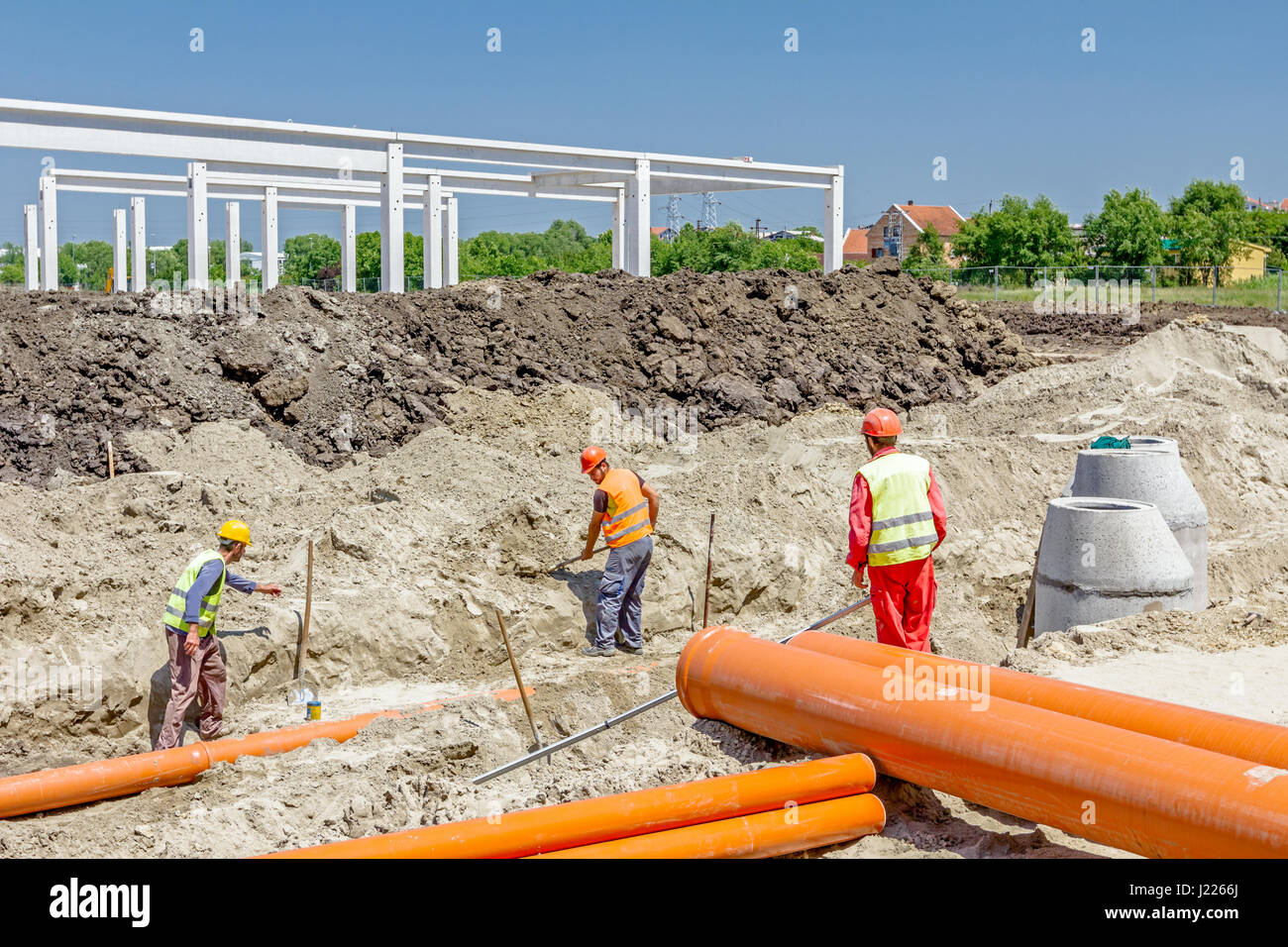 Arranged PVC of water pipes are assembled and placed in trench on ...