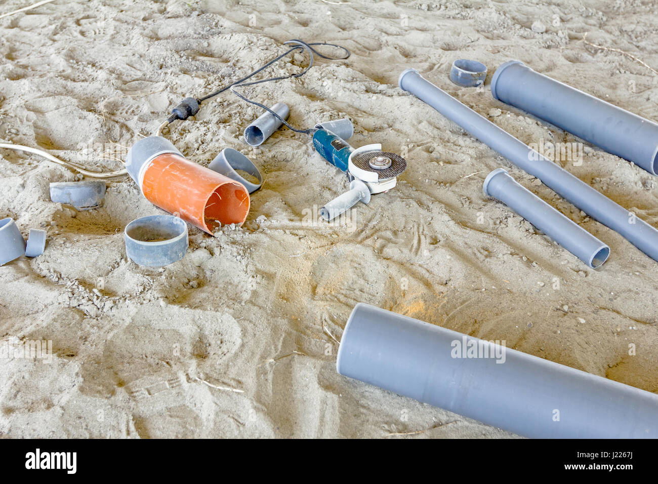 Place for adjusting PVC pipes with grinding machine on correct pipe ...