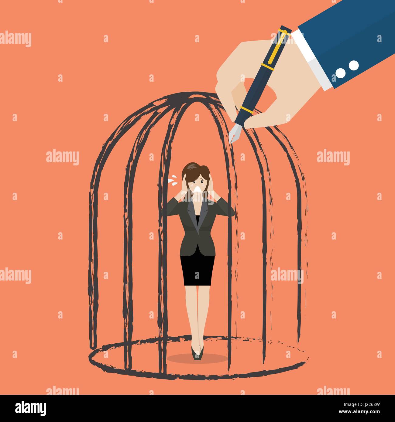 Business woman standing in a hand drawn cage. Business concept Stock ...