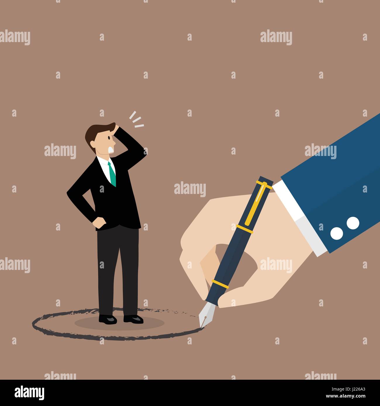 Businessman stand inside a circle painted by big boss. Warning sign ...