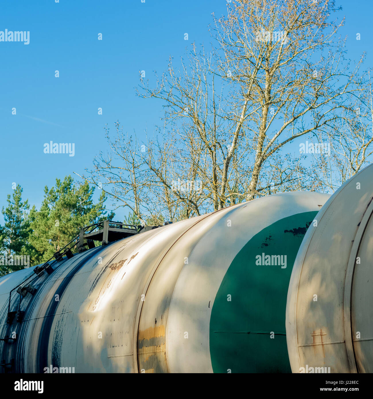 Tank wagons with oil. Freight train in forest Stock Photo - Alamy