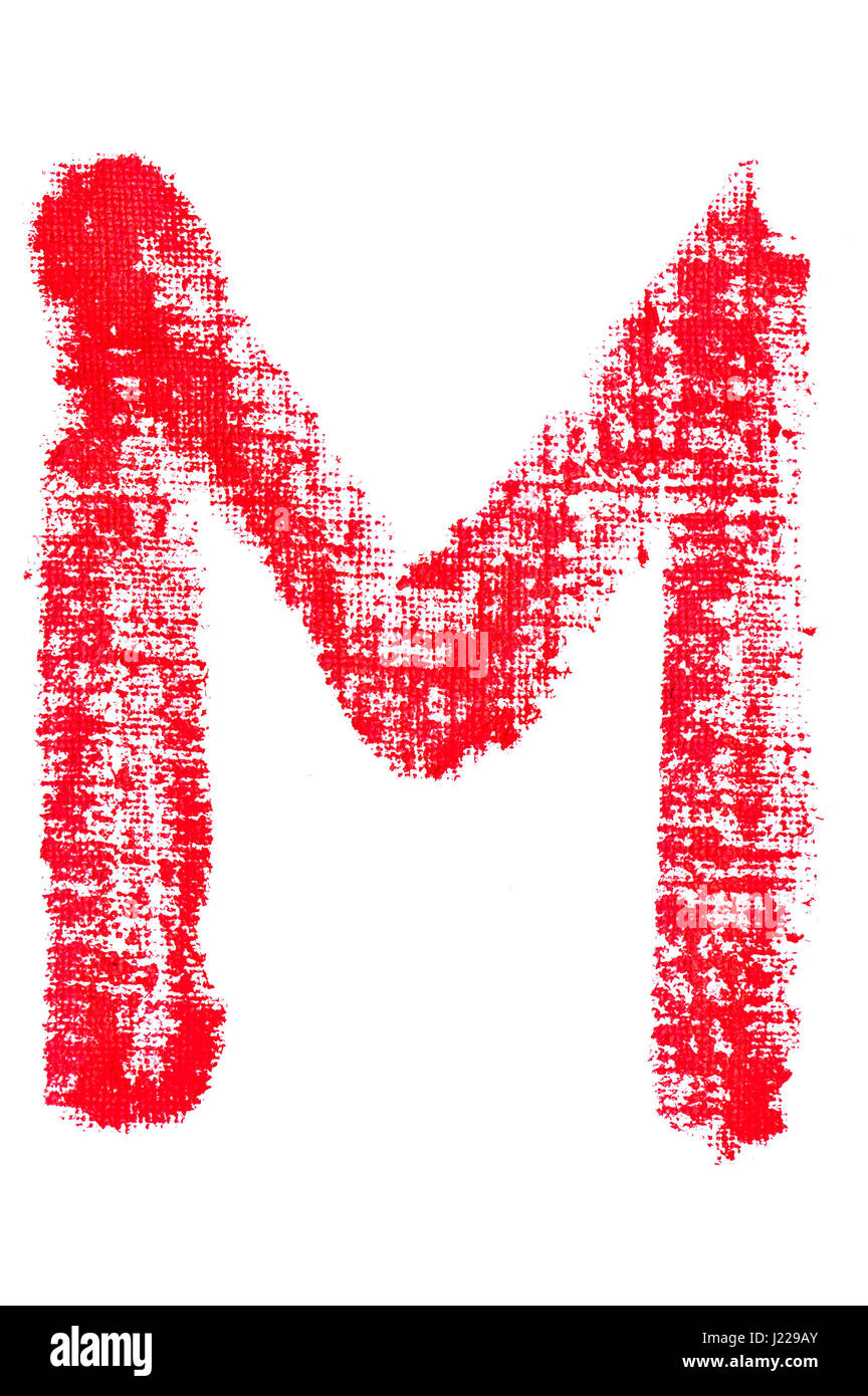 isolated uppercase letter M made of red lipstick with fabric texture ...