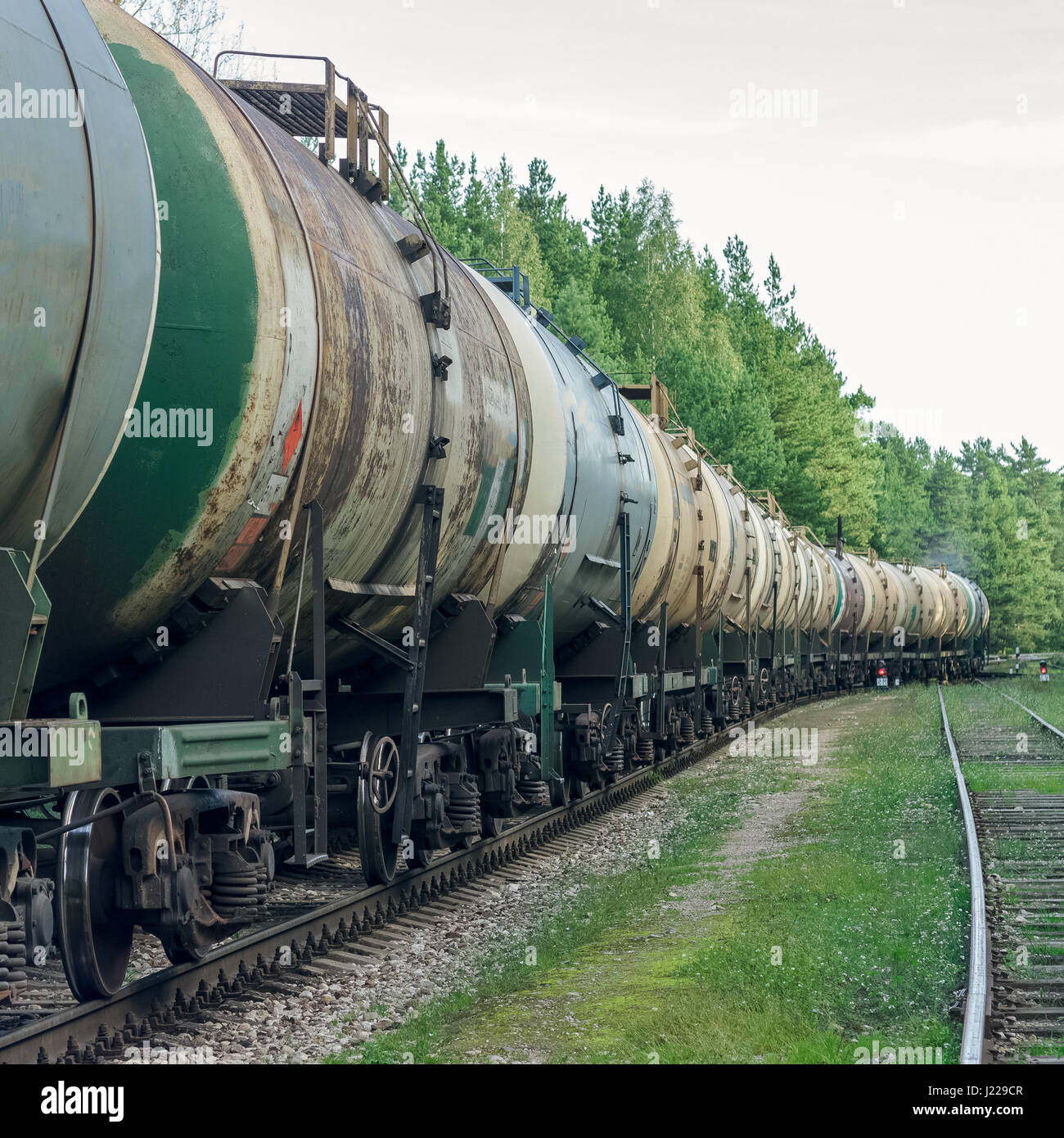 Tank wagons with oil. Freight train in forest Stock Photo - Alamy