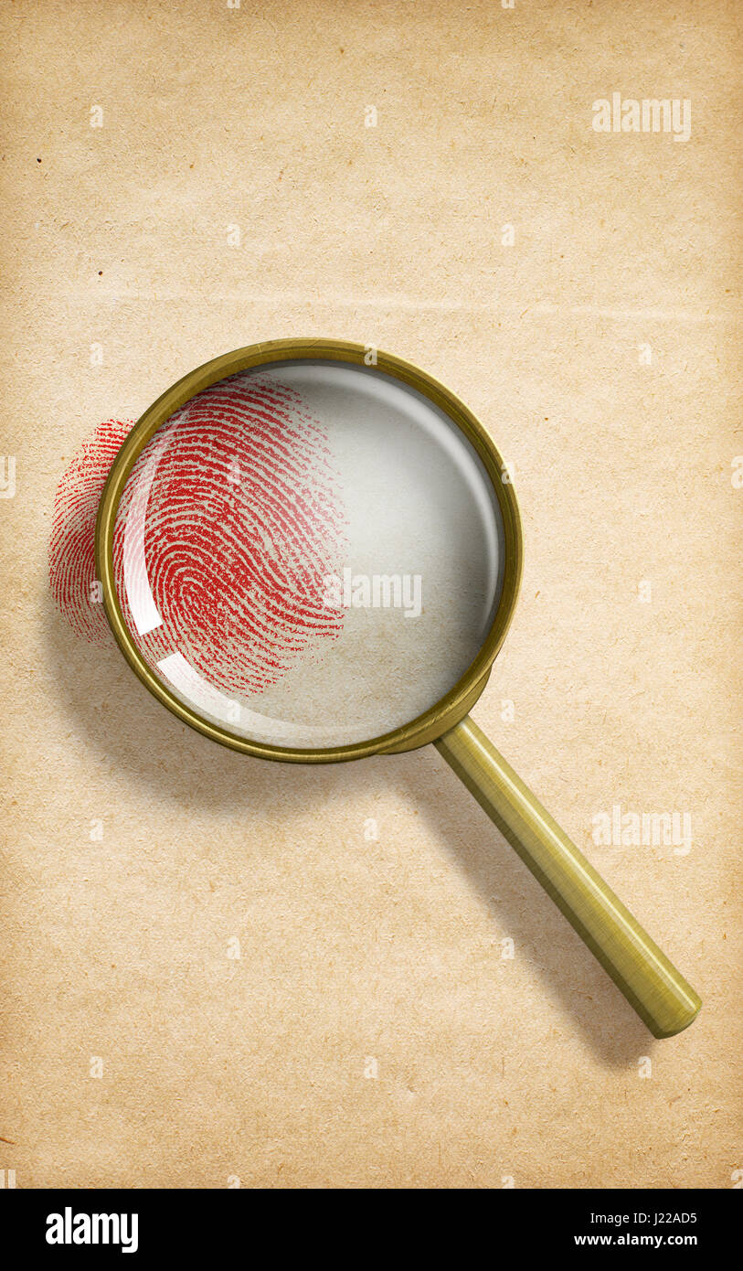 fingerprint through magnifying glass on paper 3d illustration Stock ...