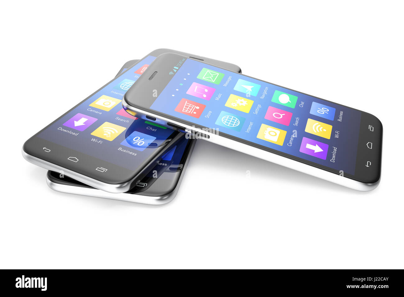A silver phone width a blue screen and icons, isolated on white ...