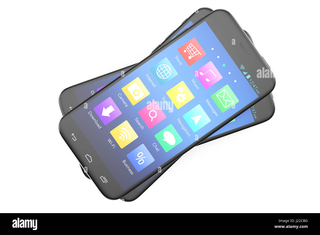 A silver phone width a blue screen and icons, isolated on white ...