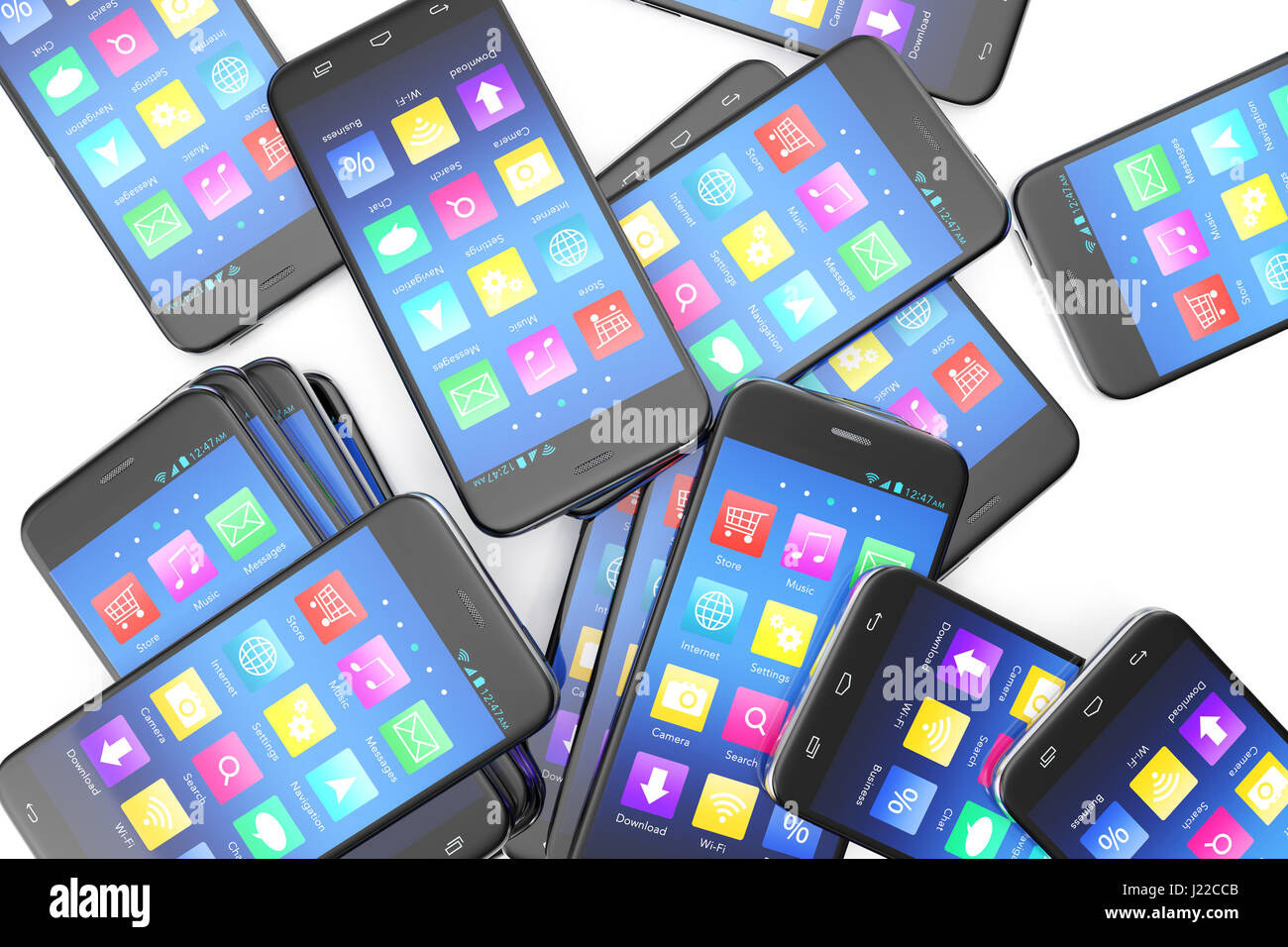 Heap of the different smartphones with application on the screen ...