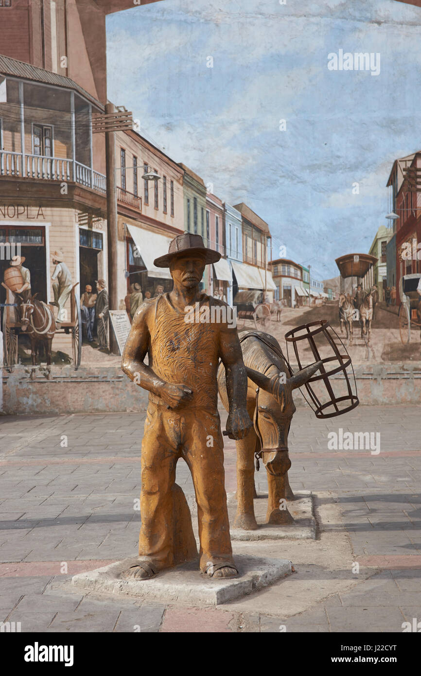 Statue of man and mule dedicated to the nitrate miners of the 18th and ...
