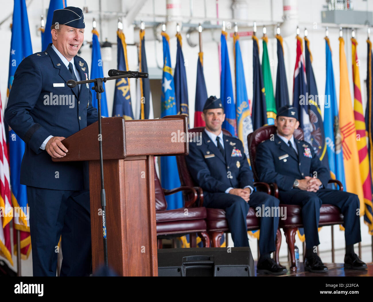 Brig. Gen. Patrick Doherty, 19th Air Force commander, speaks to the ...
