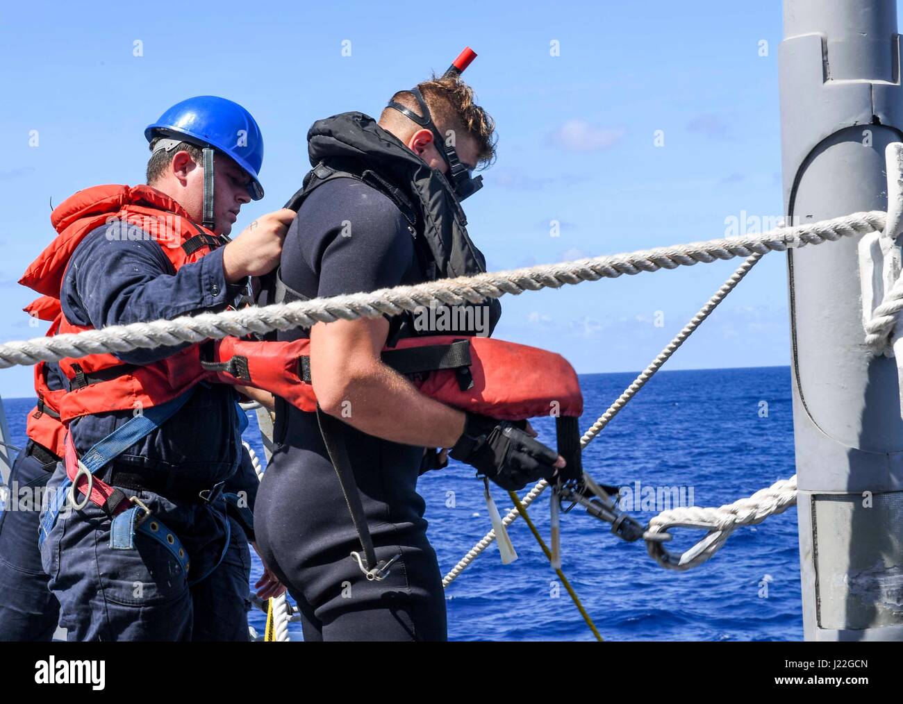 Boatswain’s Mate 3rd Class and Seaman conduct a search and rescue drill ...