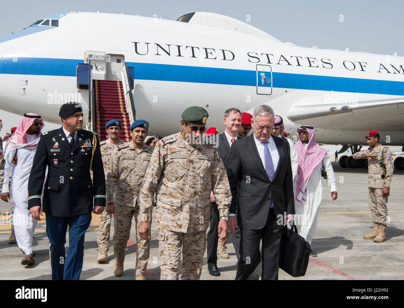 Secretary of Defense Jim Mattis speaks with Saudi Army Gen. Abdulrahman ...