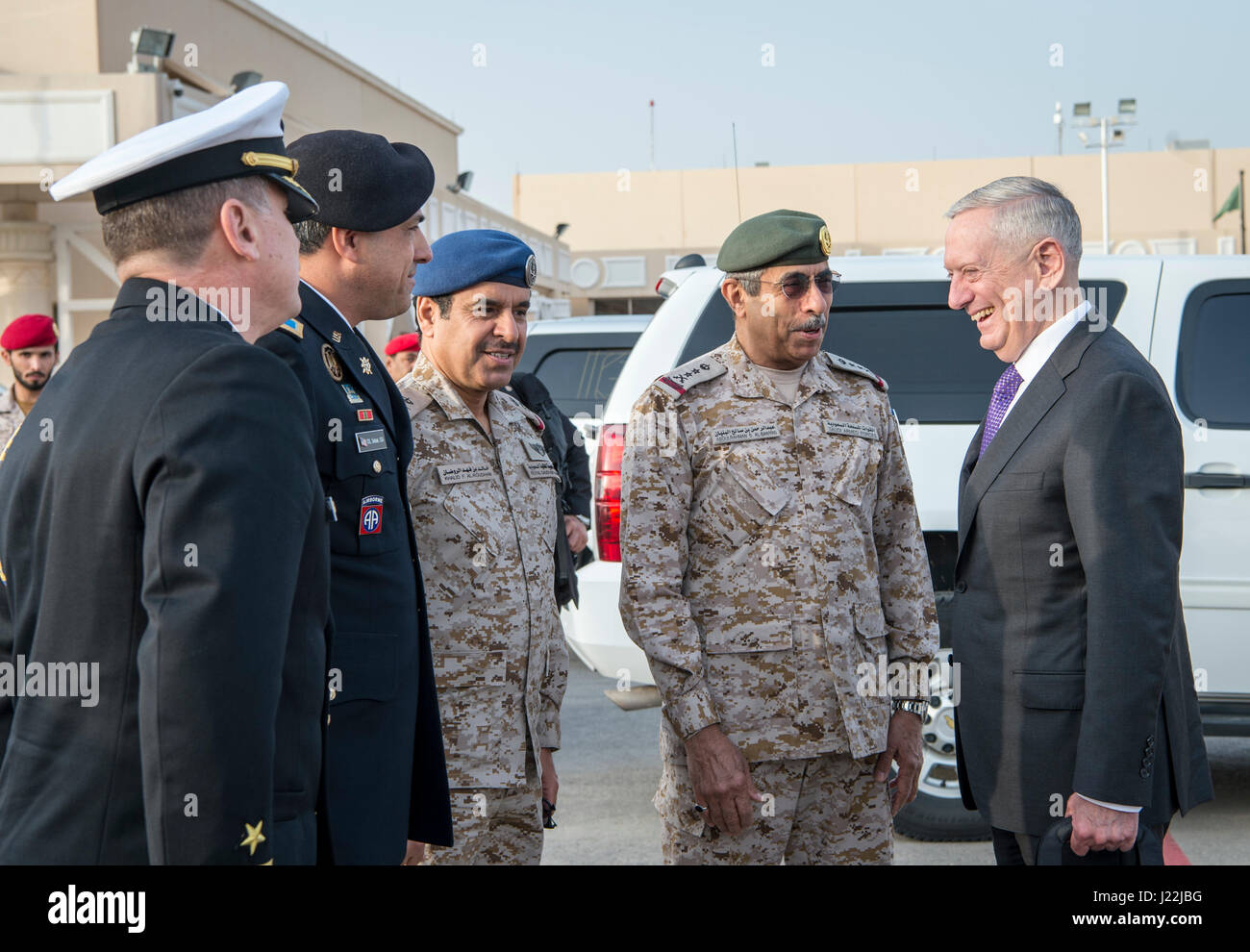 Secretary of Defense Jim Mattis speaks with Saudi Army Gen. Abdulrahman ...