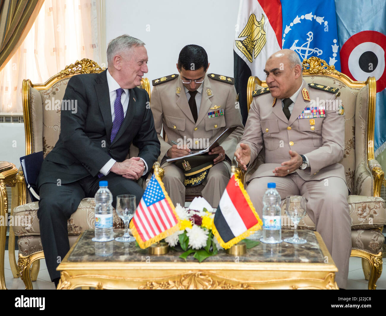 Secretary of Defense Jim Mattis speaks with Egypt’s Minister of Defense Sedki Sobhy before ...