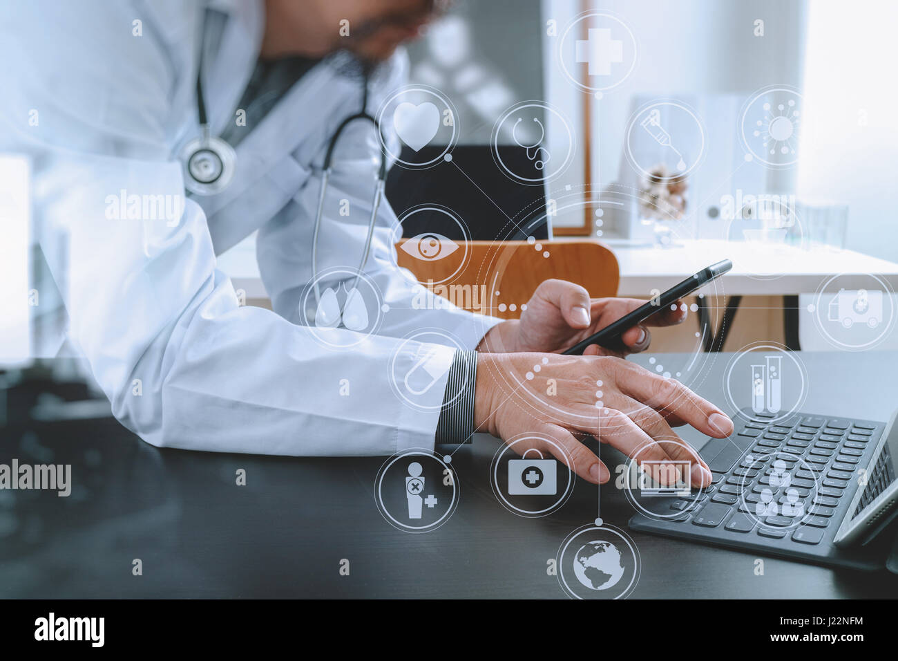 Medical technology concept. Doctor working with smart phone and ...