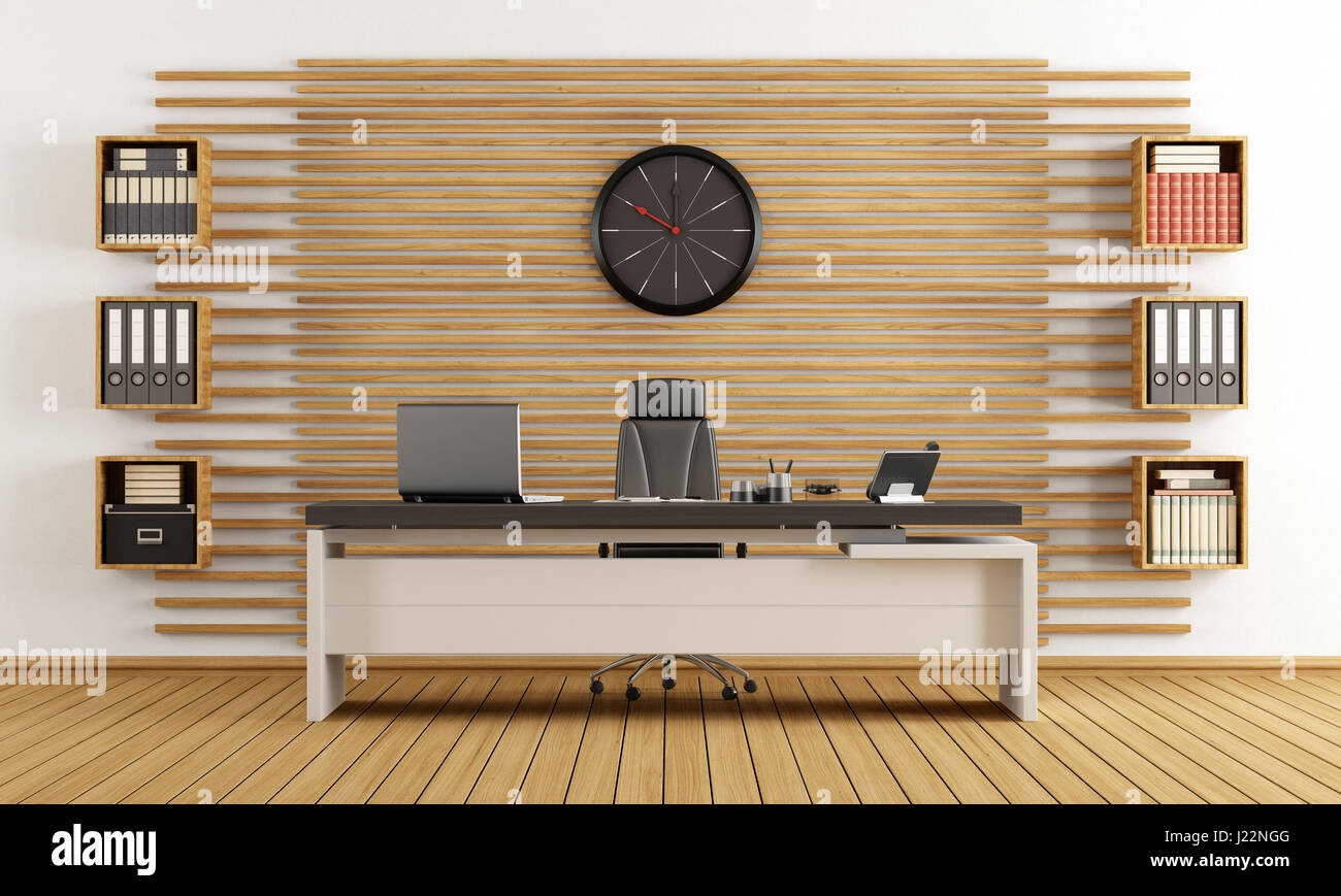 Modern office with desk and decorative wooden panel - 3d rendering ...
