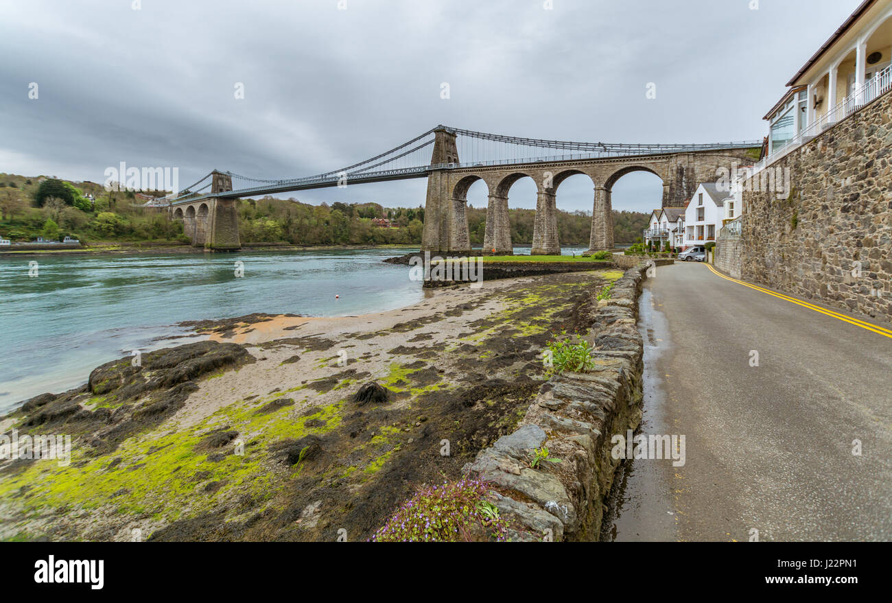 View of the Menai Bridge on Anglesey Stock Photo - Alamy
