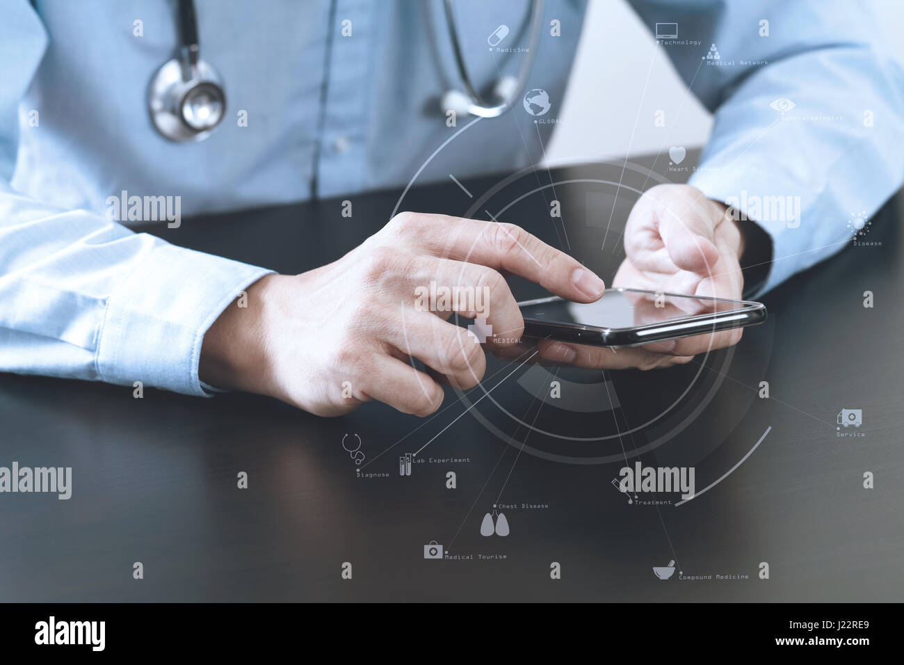 close up of smart medical doctor working with smart phone and ...