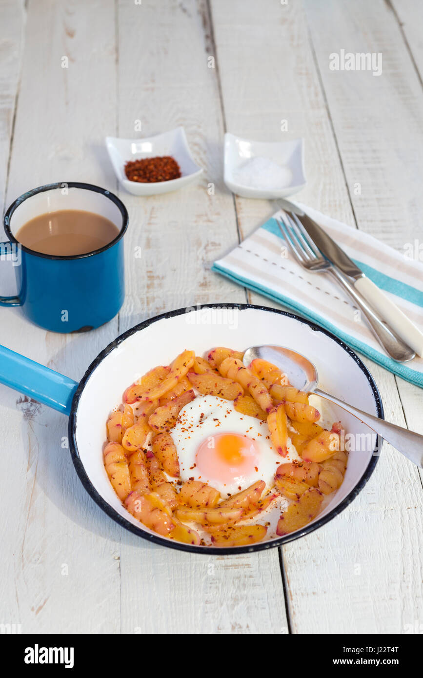 A vegetarian brunch of cooked oca and eggs Stock Photo - Alamy
