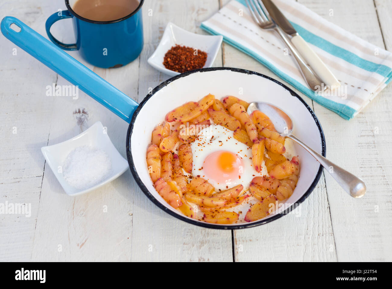 A vegetarian brunch of cooked oca and eggs Stock Photo - Alamy