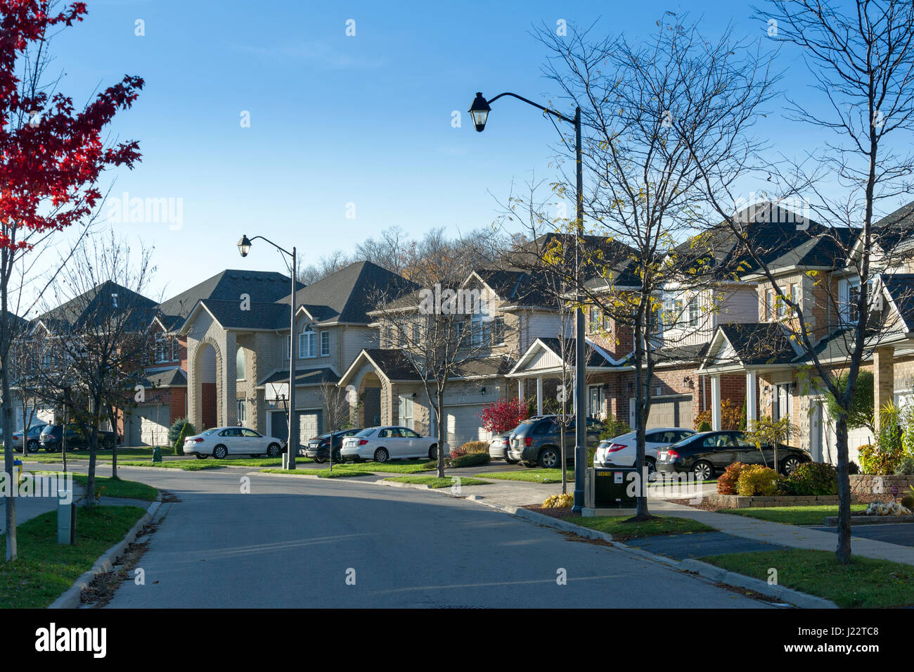 Street of detached single family detached middle-class houses in ...