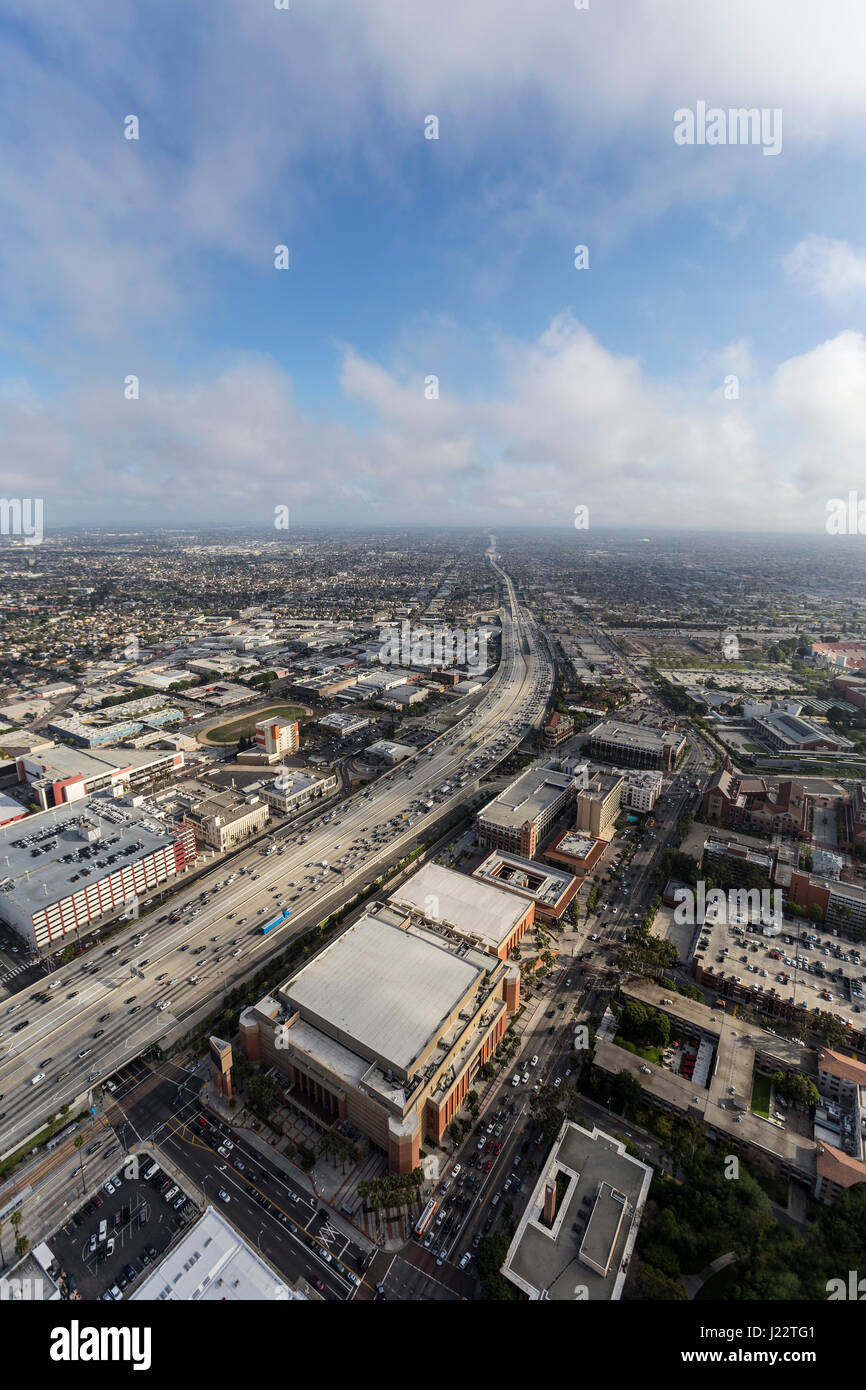 Aerial view of Harbor 110 Freeway with afternoon clouds in Los Angeles ...