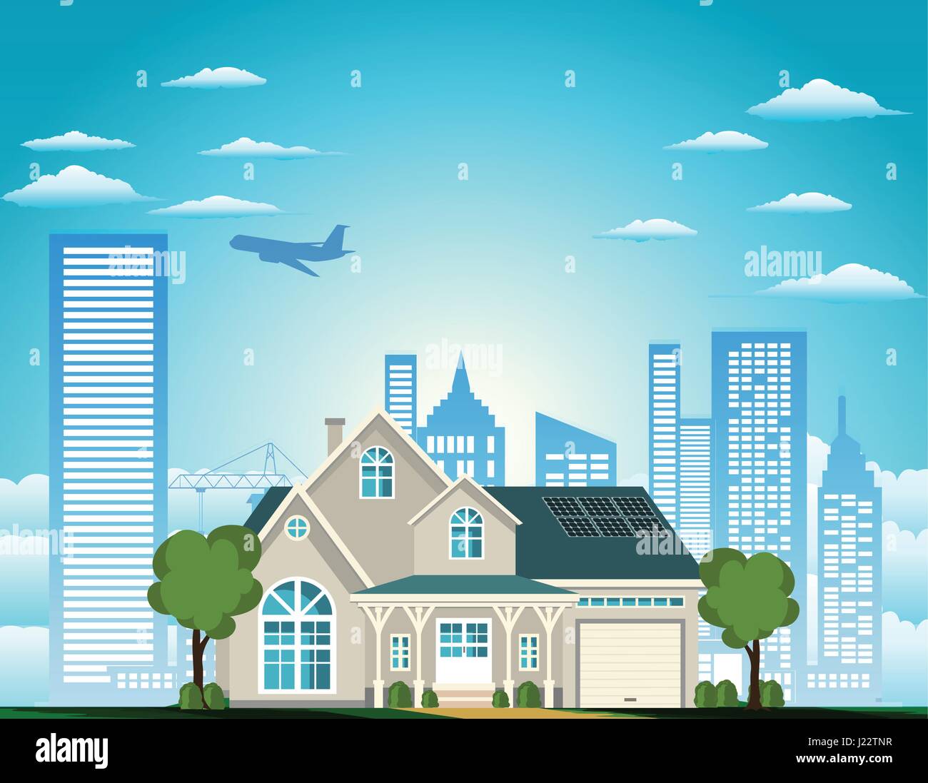 The lovely suburban house placed on the background of the city. Vector ...