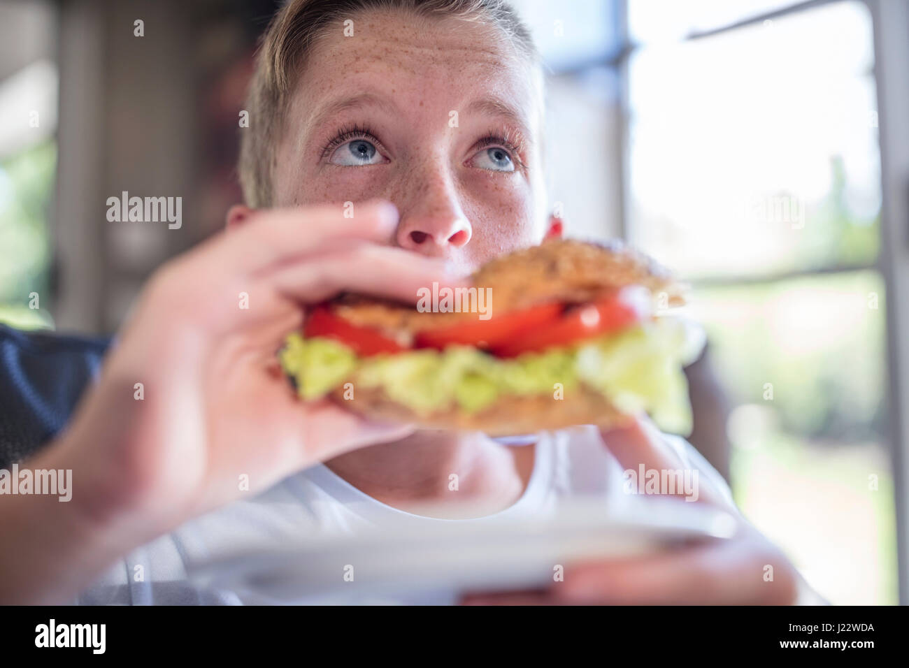 Boy eating sandwhich Stock Photo - Alamy