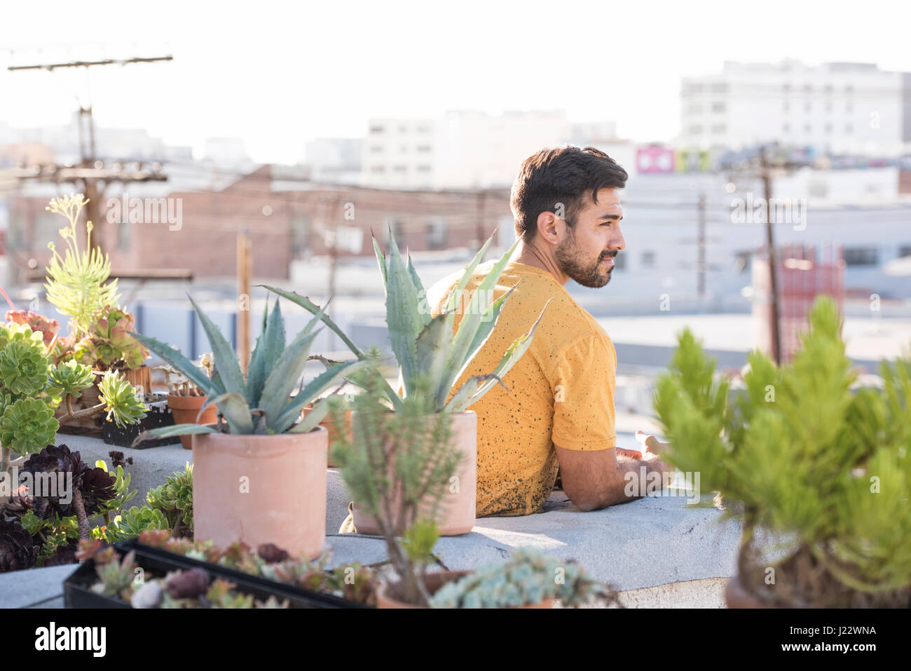 Young man sitting on rooftop terrace Stock Photo - Alamy