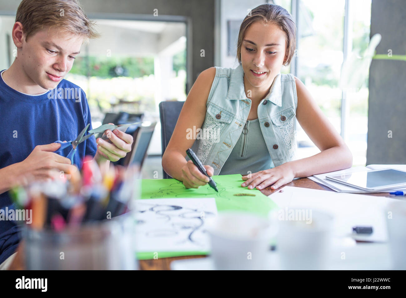Boy and girl working on project together Stock Photo - Alamy