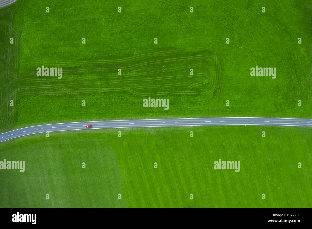 Fire engine driving on country road, aerial view Stock Photo - Alamy