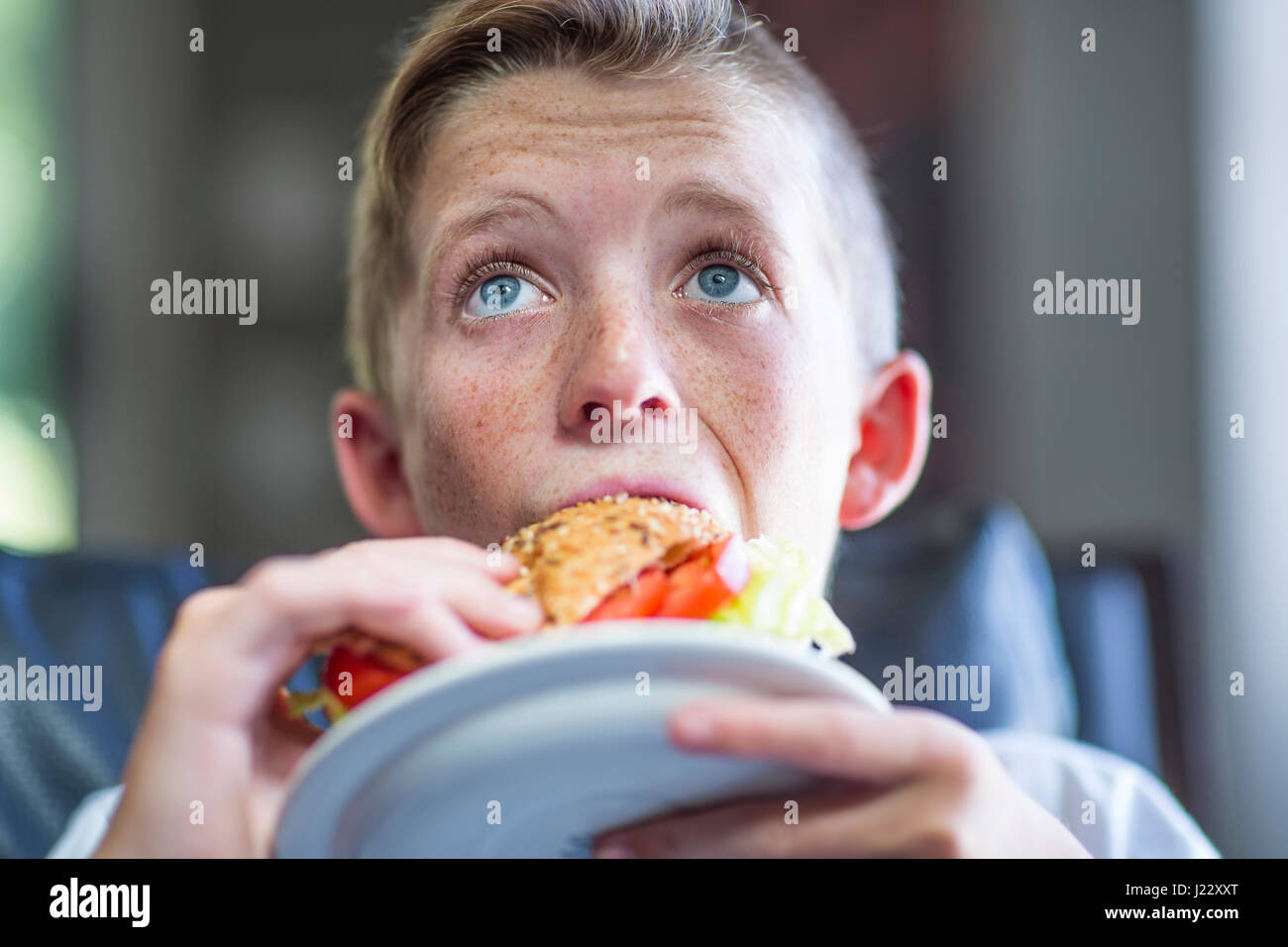 Boy eating sandwhich Stock Photo - Alamy