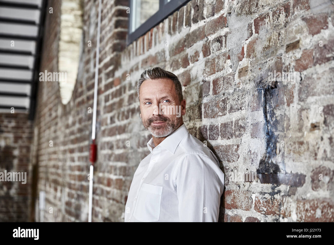 Portrait of businessman leaning against brick wall Stock Photo - Alamy