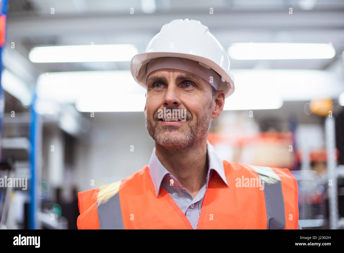 Portrait of man in factory hall wearing safety vest and hard hat Stock ...