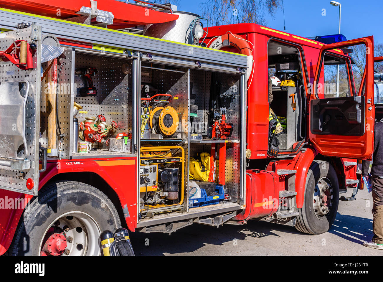 Brakne Hoby, Sweden - April 22, 2017: Documentary of public fire truck ...