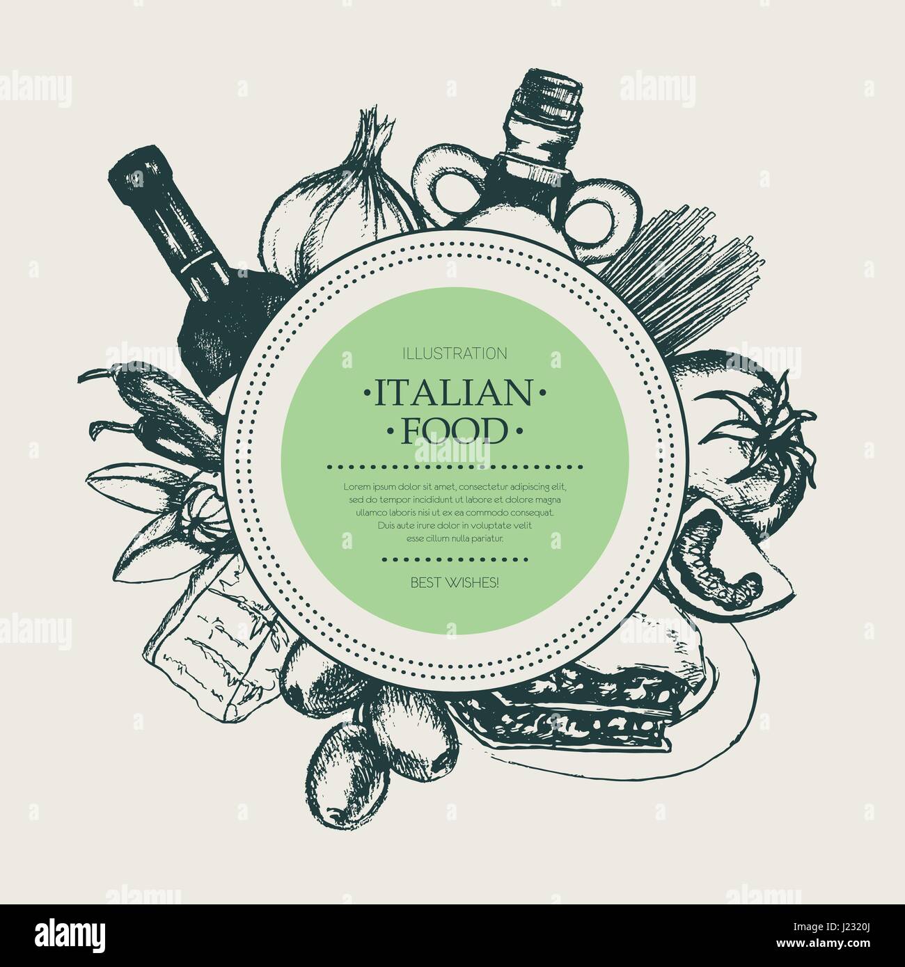 Italian Food - vector hand drawn round banner with copyspace. Realistic ...