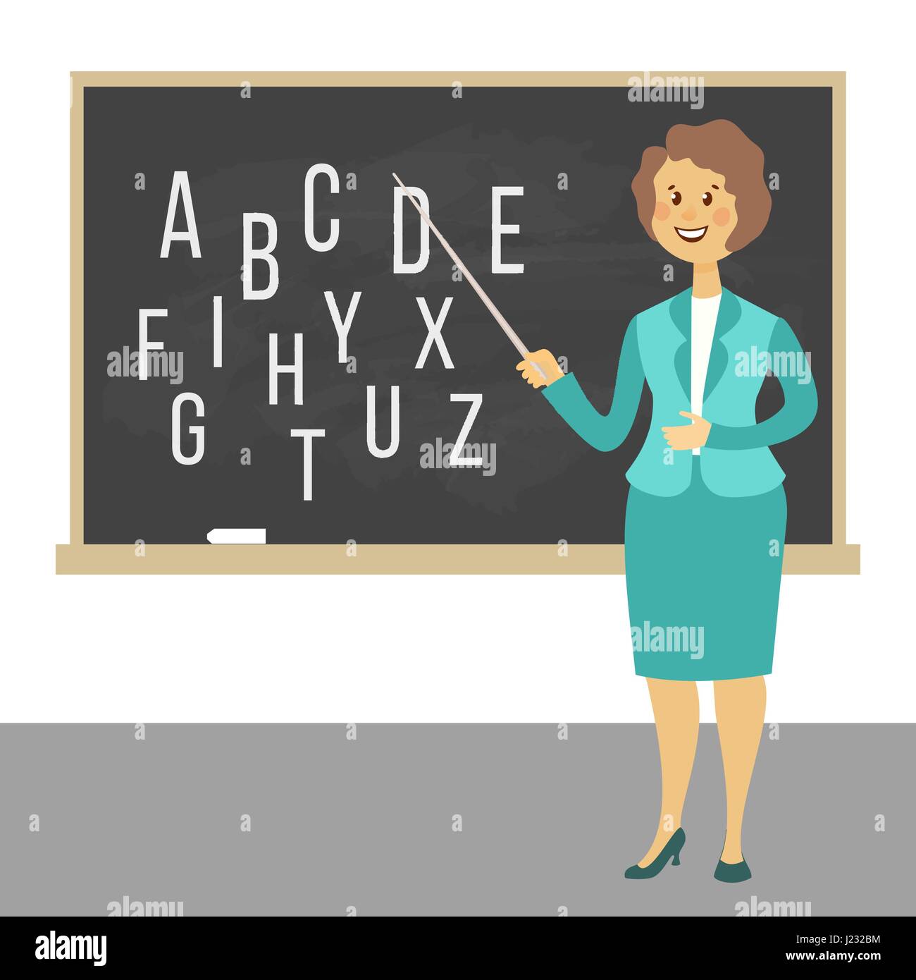 Young female teacher on lesson at blackboard in classroom. Teacher with ... Young female teacher on lesson at blackboard in classroom. Teacher with ...