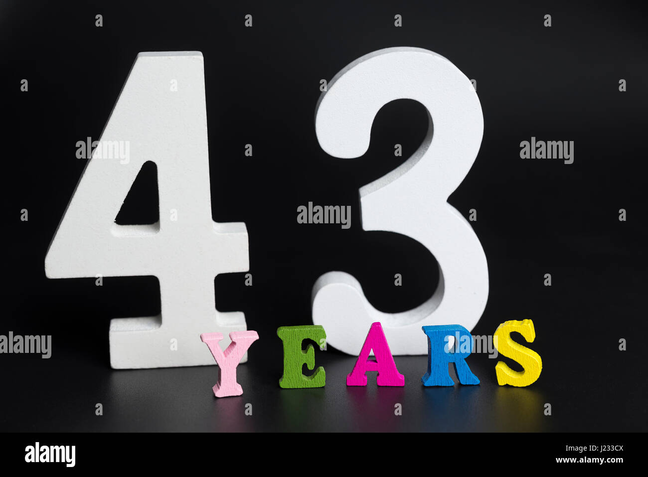 Letters and numbers forty-three years on black isolated background ...