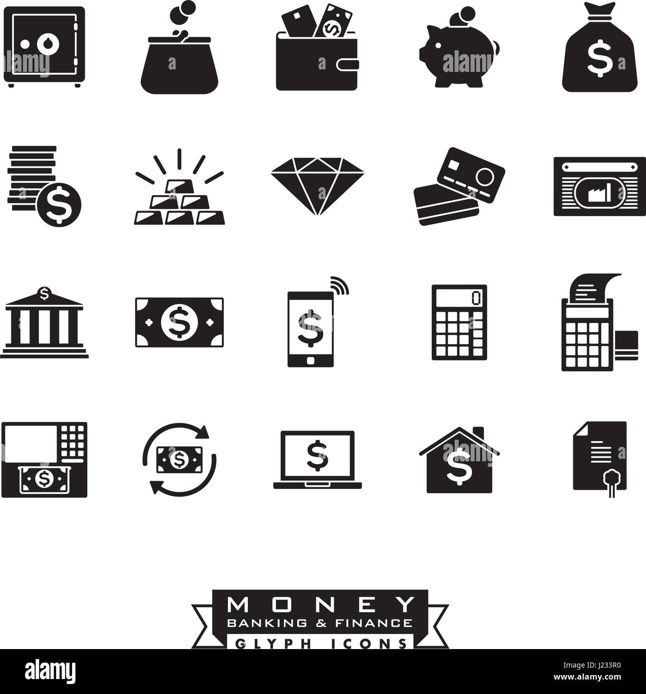 Collection of 20 money, banking and finance related solid icons Stock ...