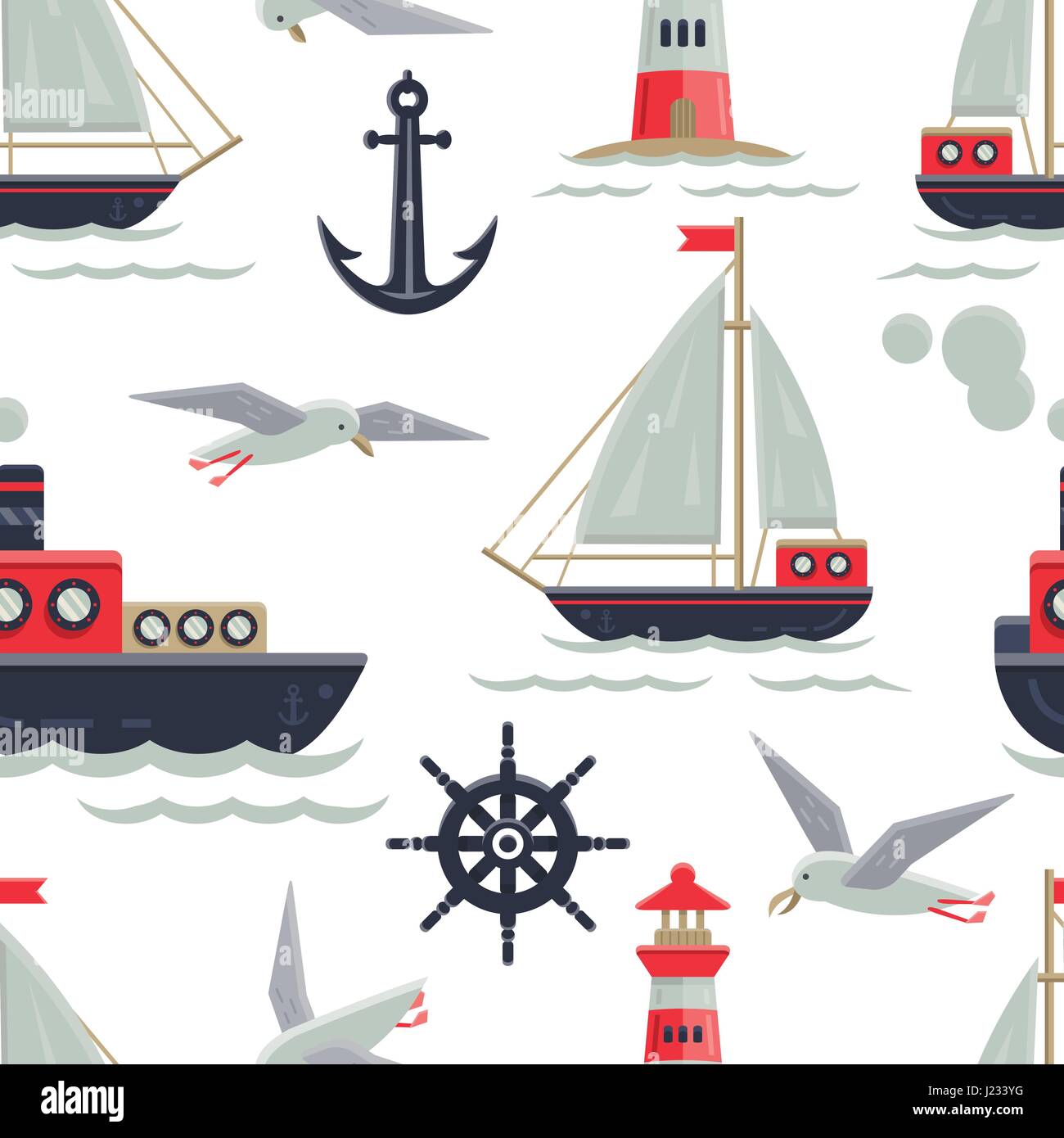 Nautical theme seamless pattern. Handy grouped elements of each picture ...