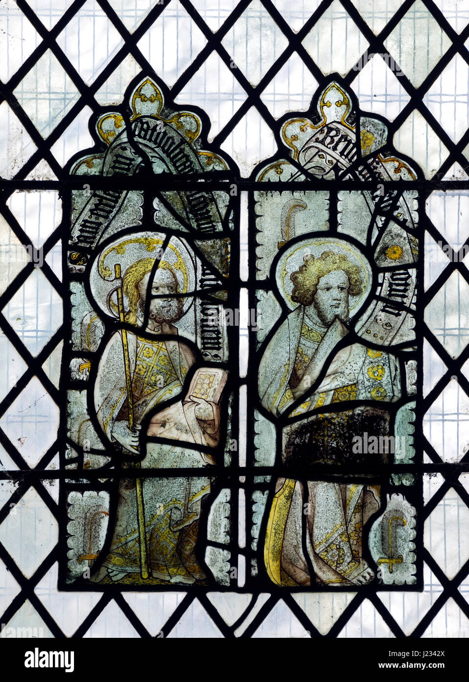 Medieval stained glass in the East Window, Hailes Church ...