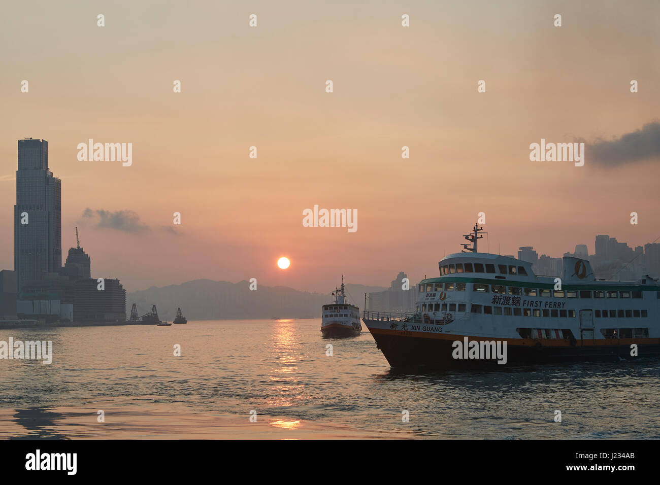 Sunrise Over Victoria Harbour, Hong Kong, Morning Ferries Departing ...