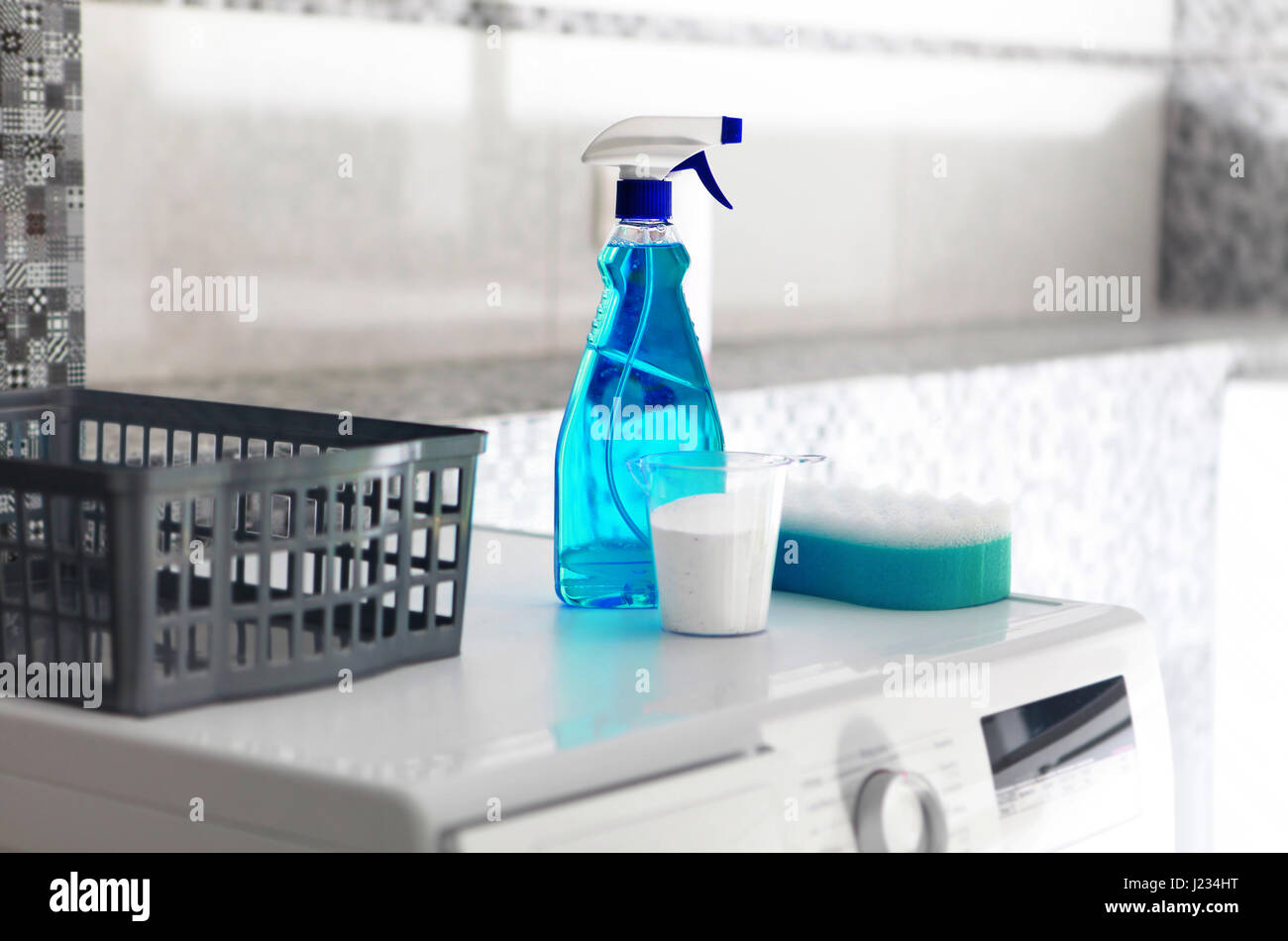 part of washing machine and laundry powder for washing day Stock Photo ...