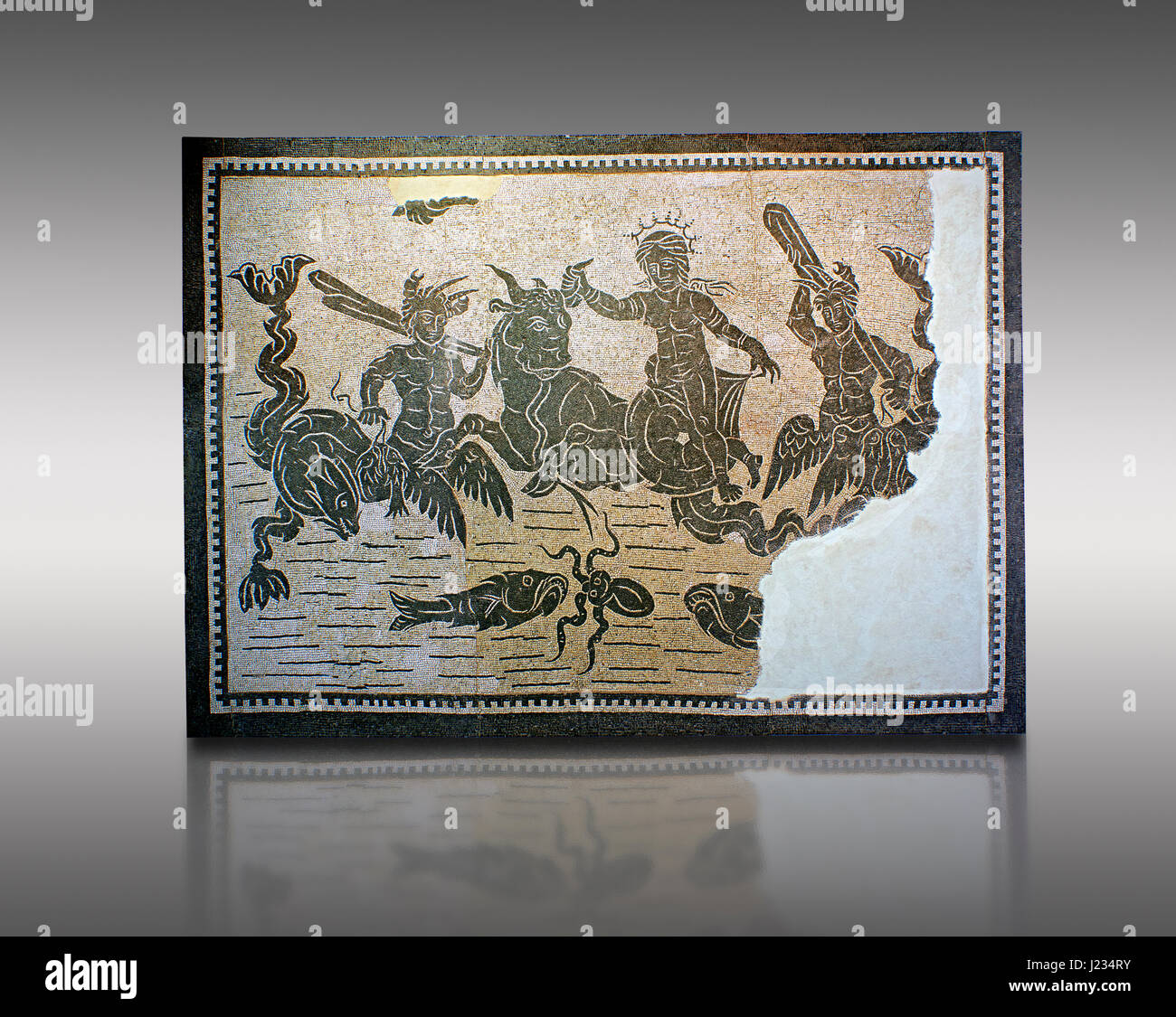 Black and white floor mosaic showing the marine or sea thiasos ...