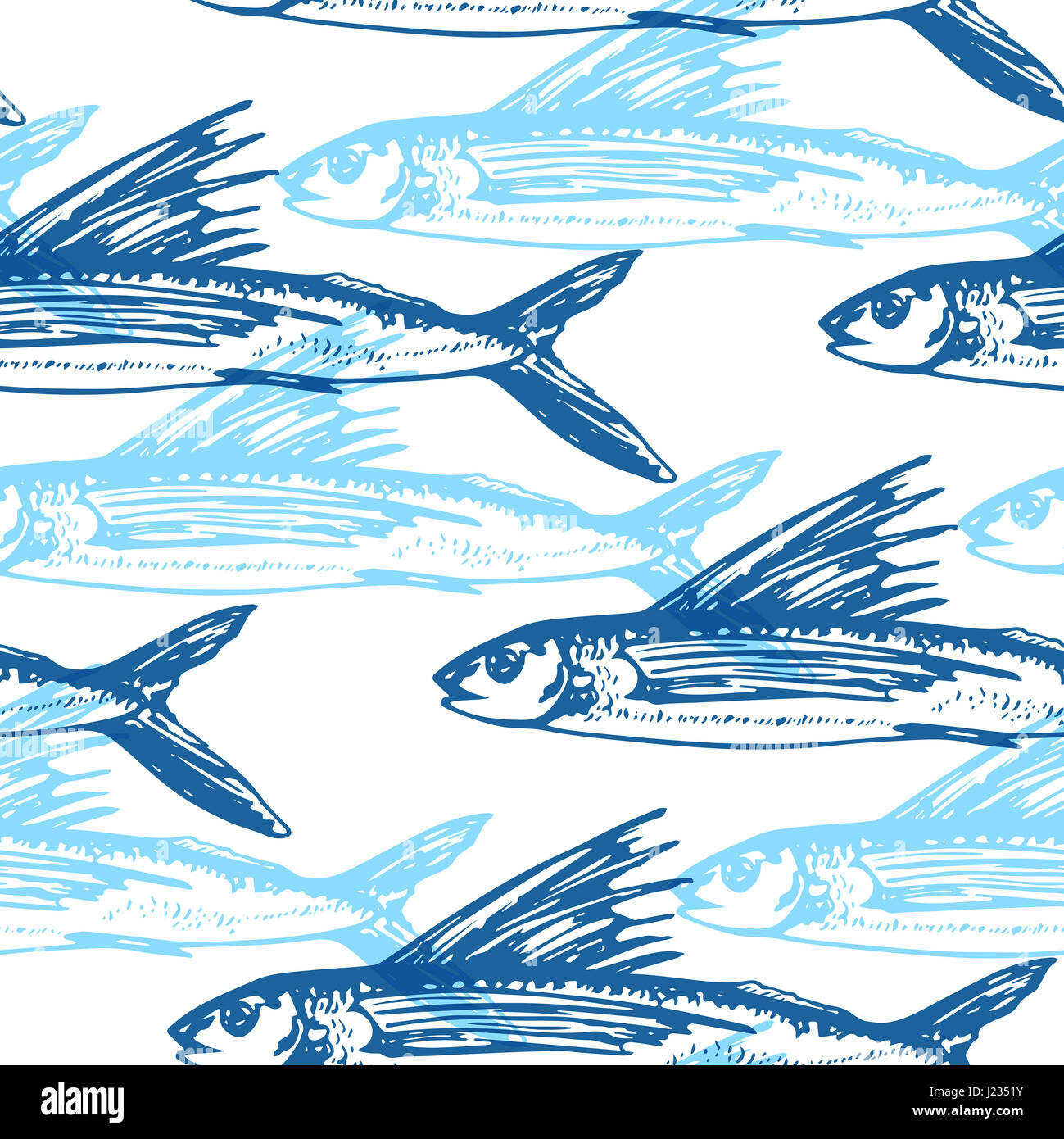 Seamless pattern with blue flying fish on a white background Stock ...