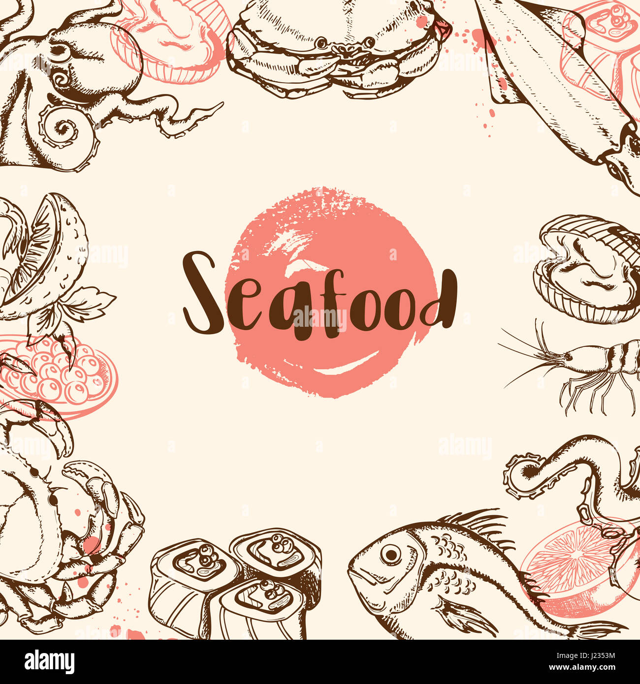 Vintage seafood menu background with octopus, crab, fish and sushi ...